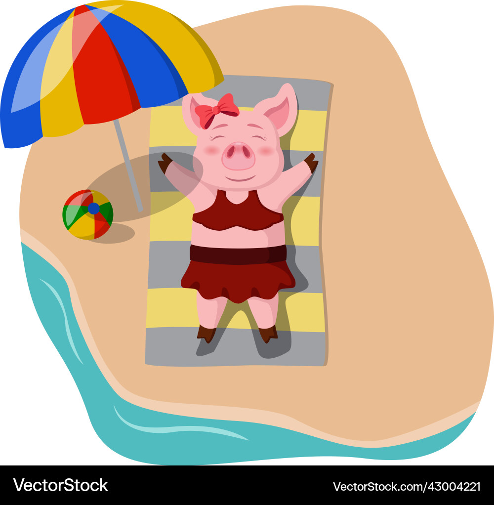 Cute pig cartoon sunbathing on the beach Vector Image