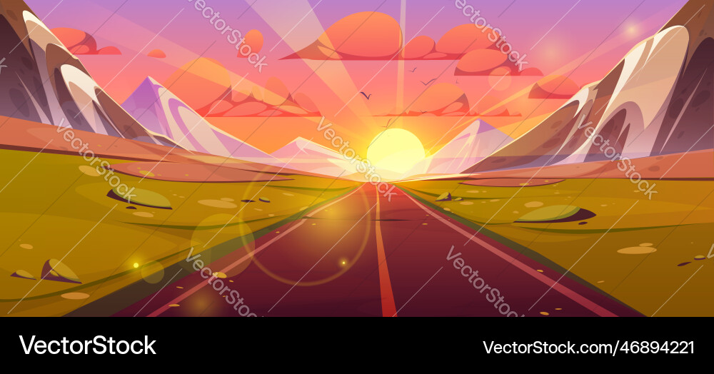 Road and mountain view sunset landscape cartoon Vector Image
