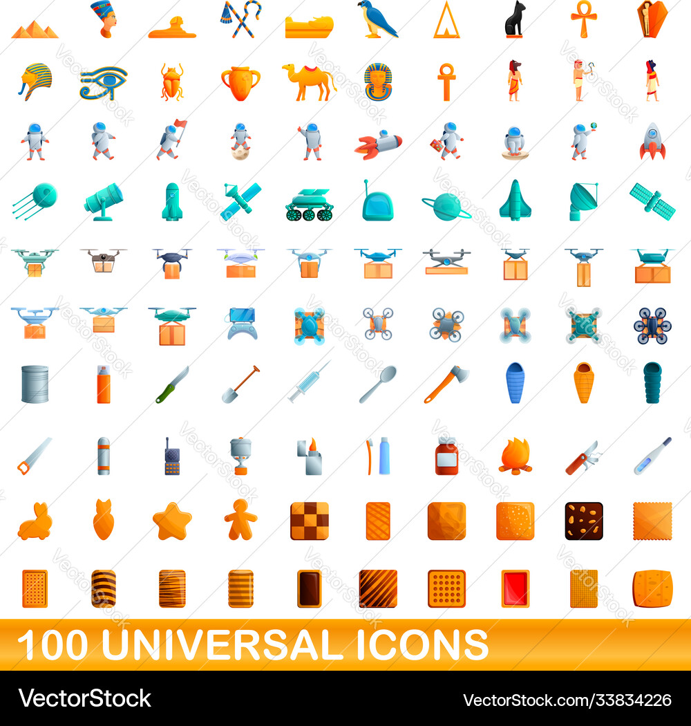 100 universal icons set cartoon style Royalty Free Vector
