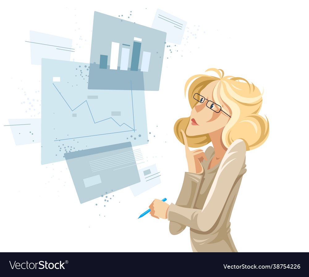 Business woman discovering graphs statistics Vector Image Business woman discovering graphs statistics Vector Image