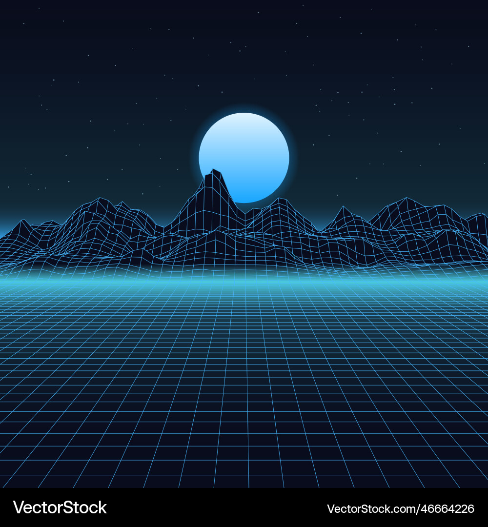 Grid mountain wire hills 80s video game line Vector Image