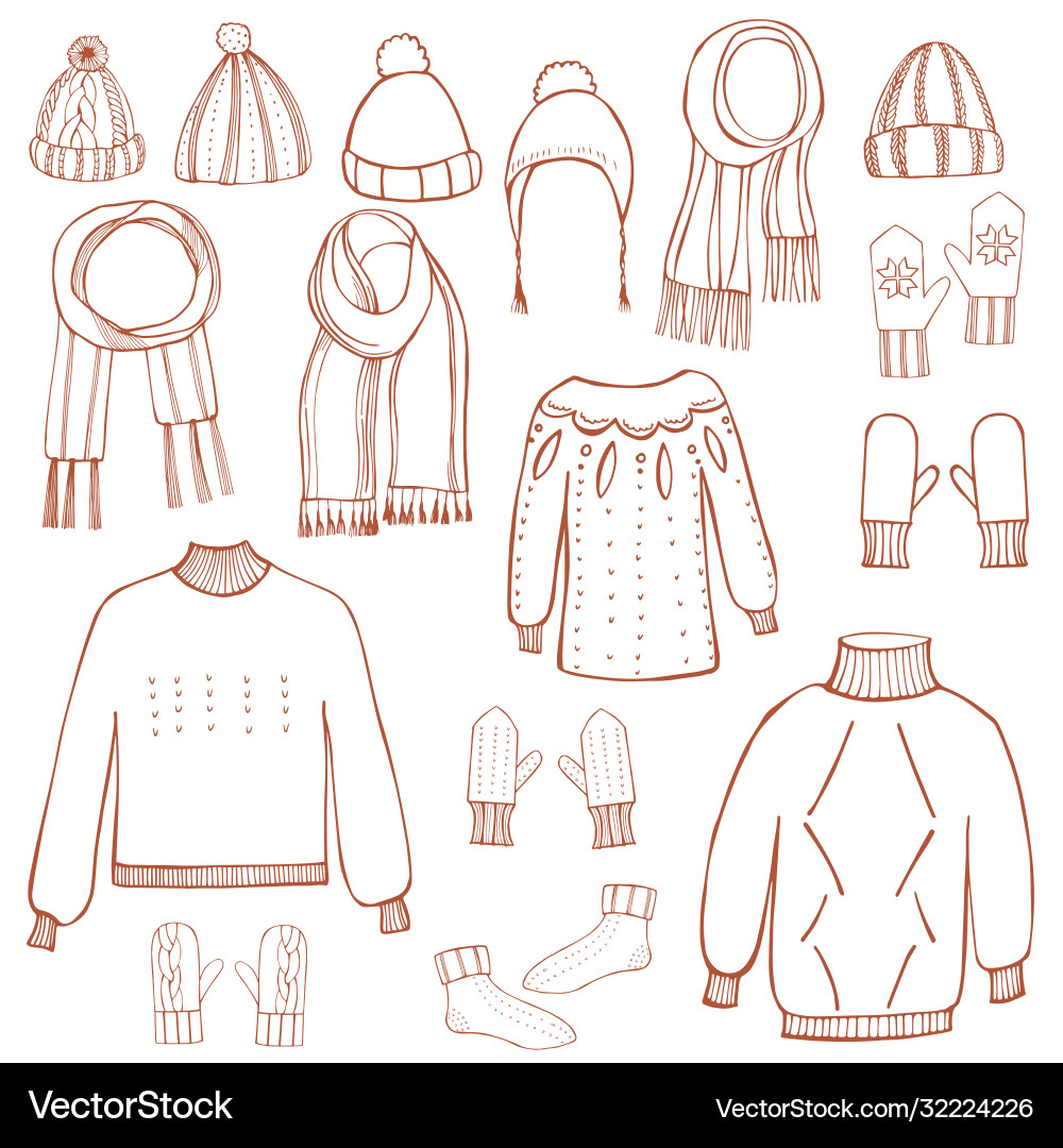 Hand drawn winter knitted clothes set sketch Vector Image