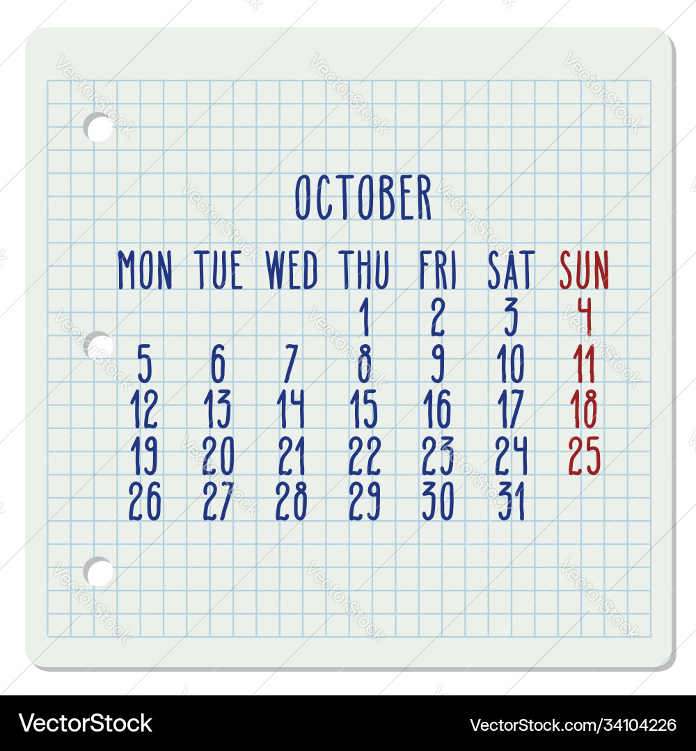 October year 2020 monthly notebook page calendar Vector Image