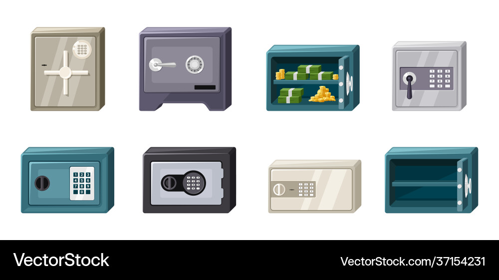Steel safes set powerful screw lock vaults Vector Image