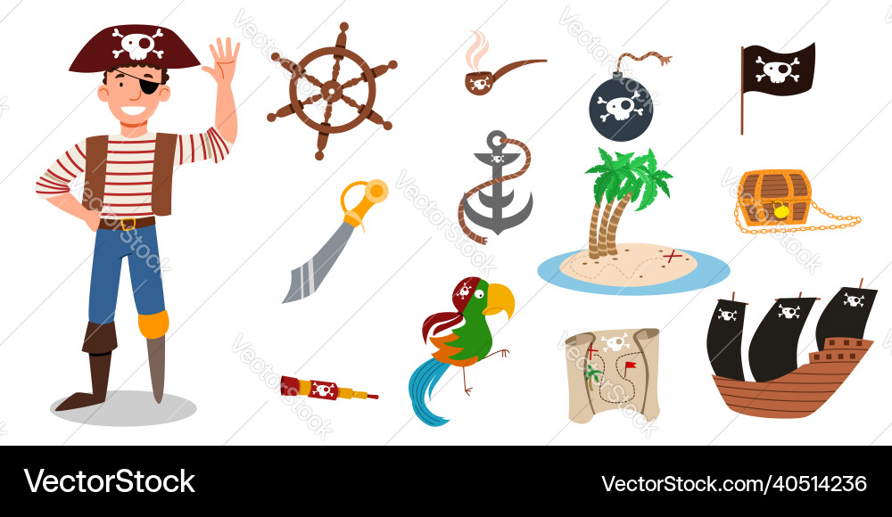 A set of pirate items pirate character Royalty Free Vector