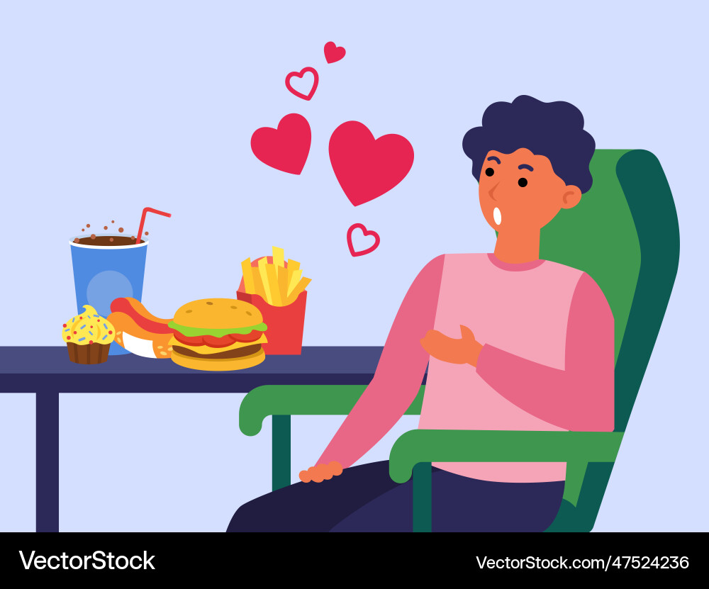 Man suffering from fast food addiction Royalty Free Vector