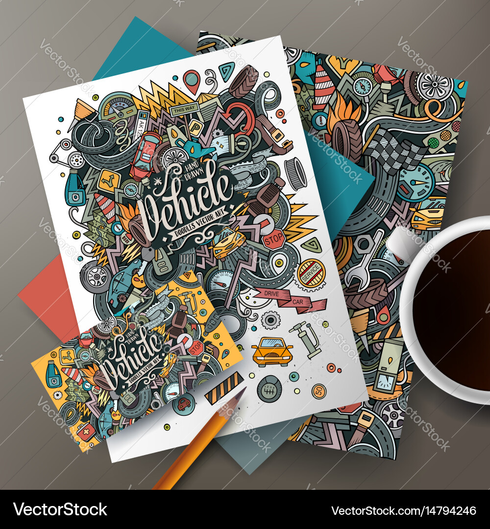 Cartoon doodles auto corporate identity set Vector Image