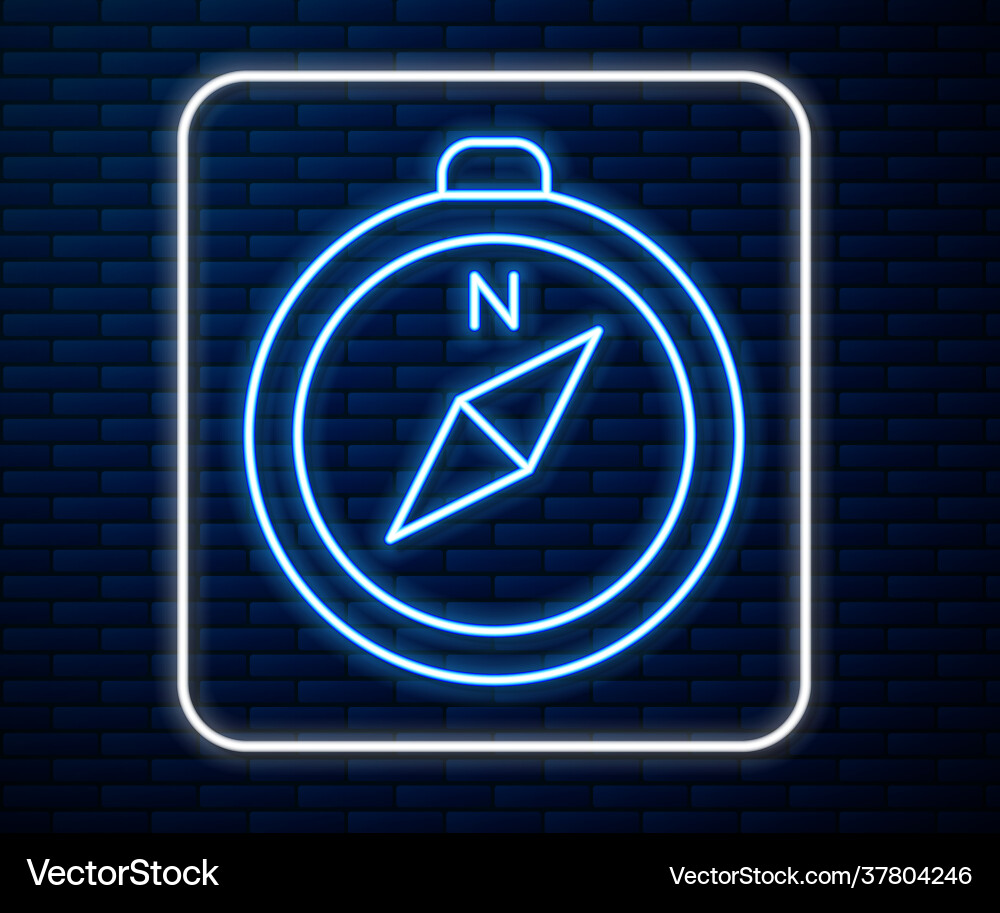 Glowing neon line compass icon isolated on brick Vector Image