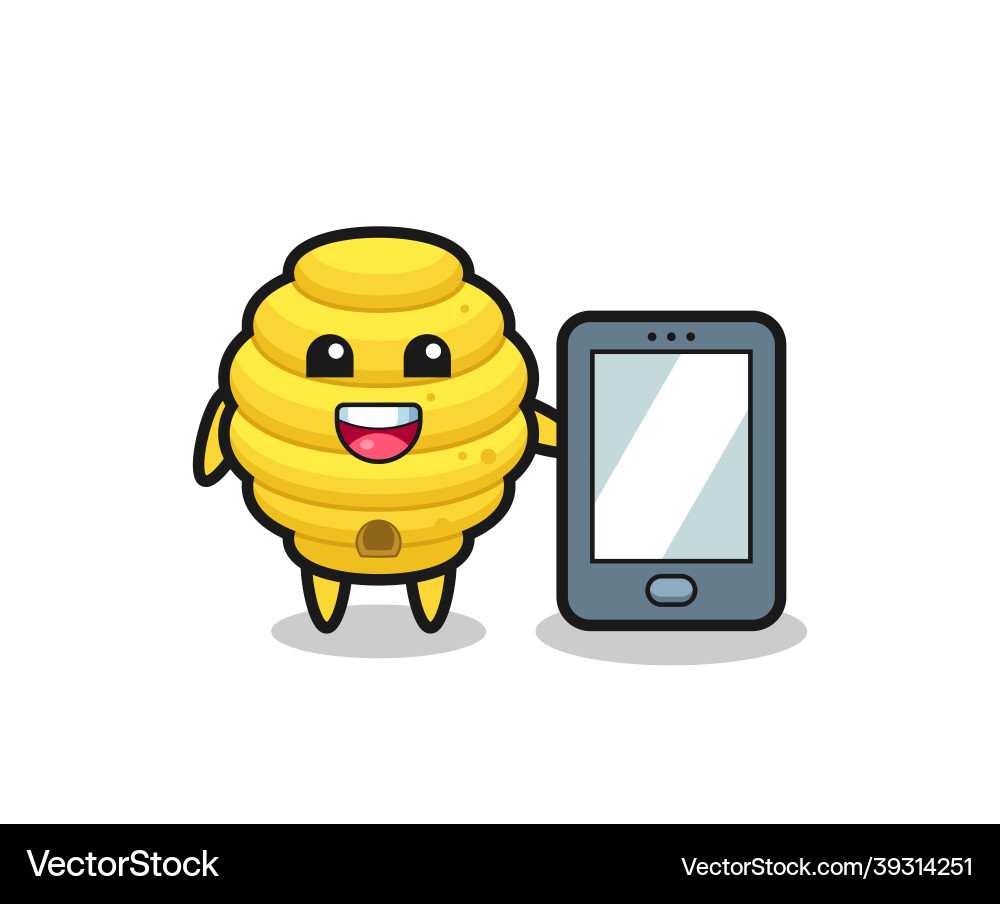 Bee hive cartoon holding a smartphone Royalty Free Vector