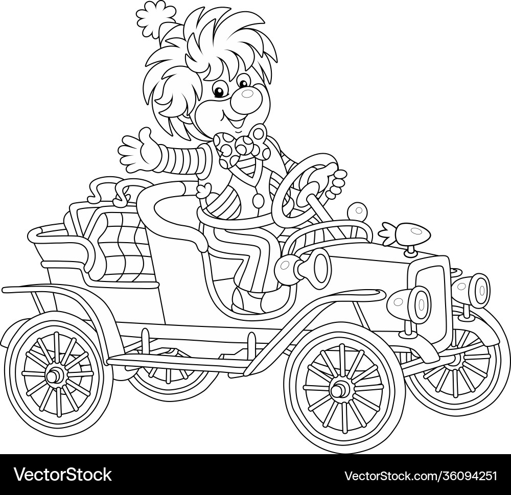 Funny clown driving a retro car Royalty Free Vector Image