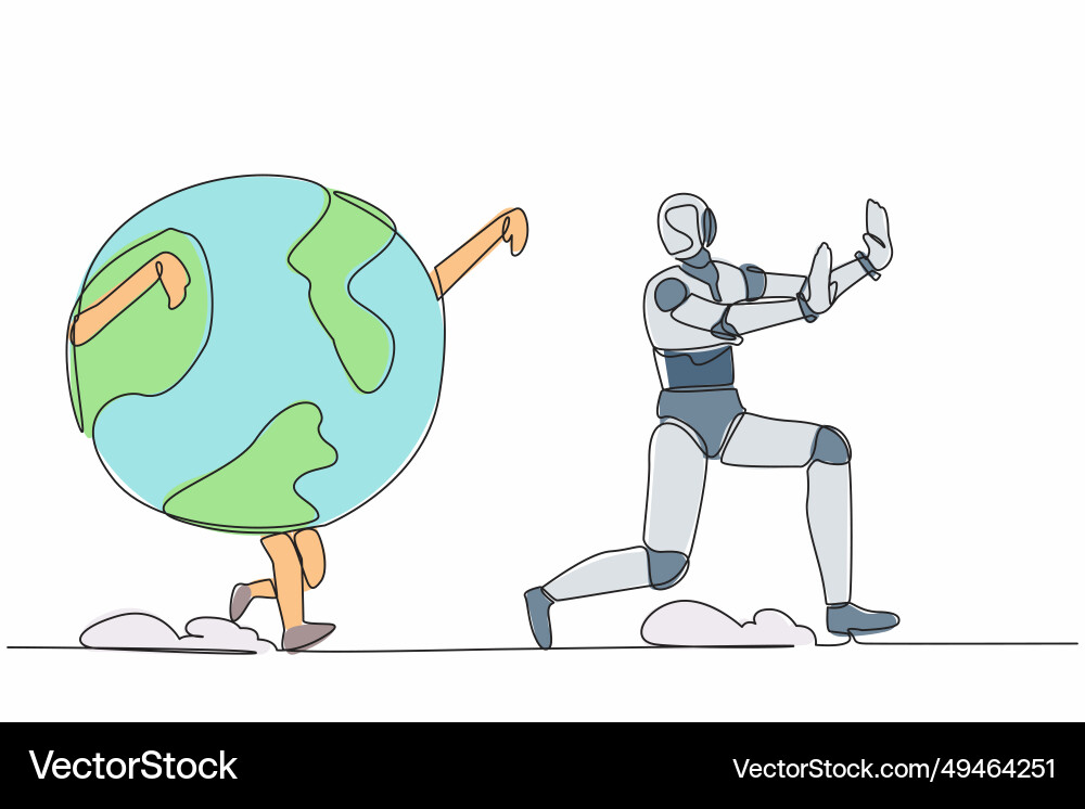 Single one line drawing stress robot being chased Vector Image