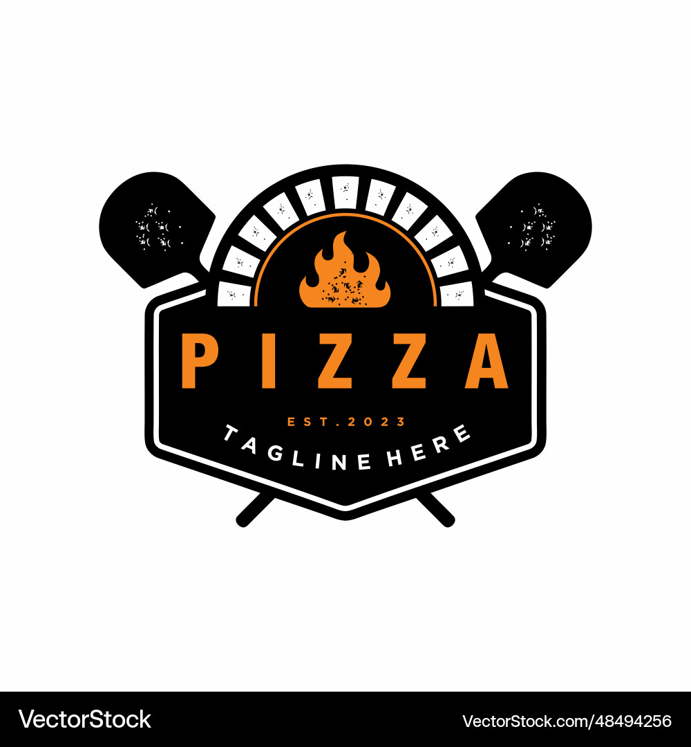 Pizza logo with shovel and oven Royalty Free Vector Image