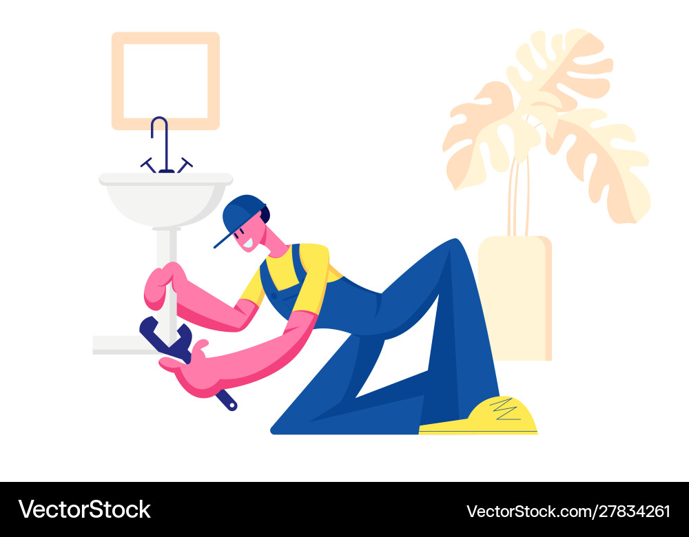 Handy man in blue overalls and cap fixing broken Vector Image