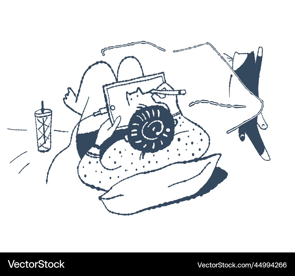 A girl draws cat on tablet Royalty Free Vector Image