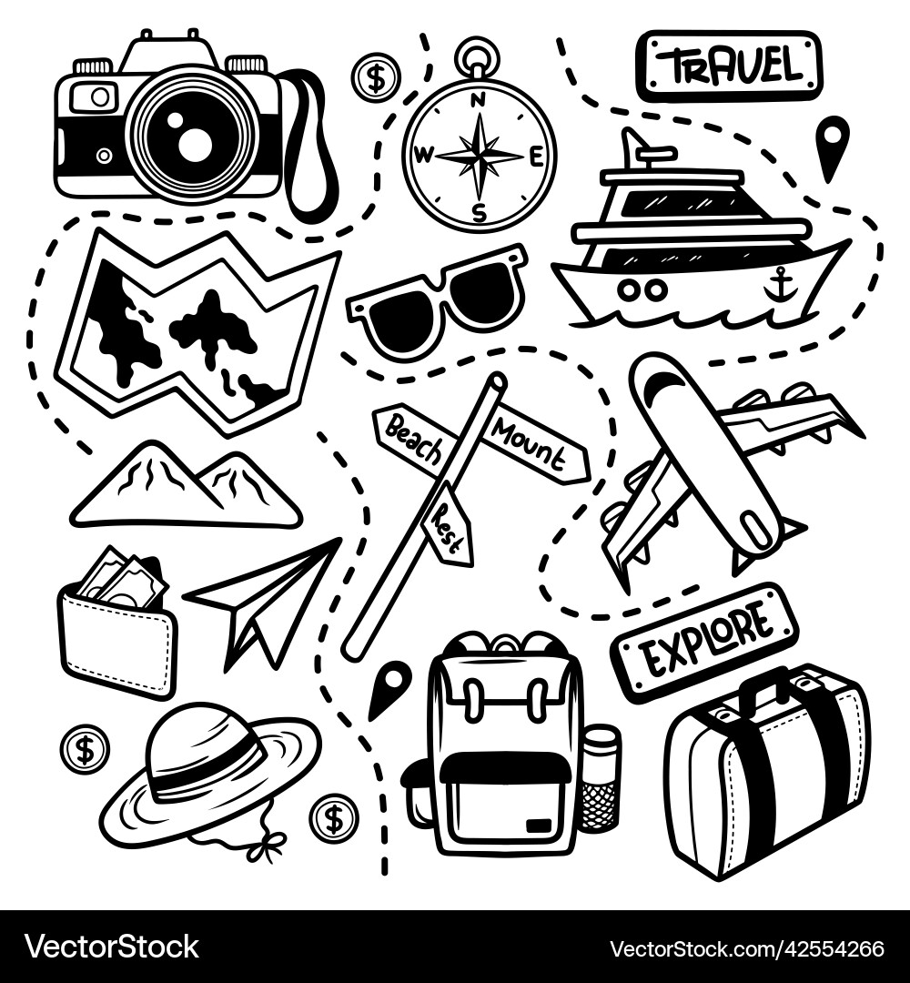 Doodle travel explore line art isolated Royalty Free Vector