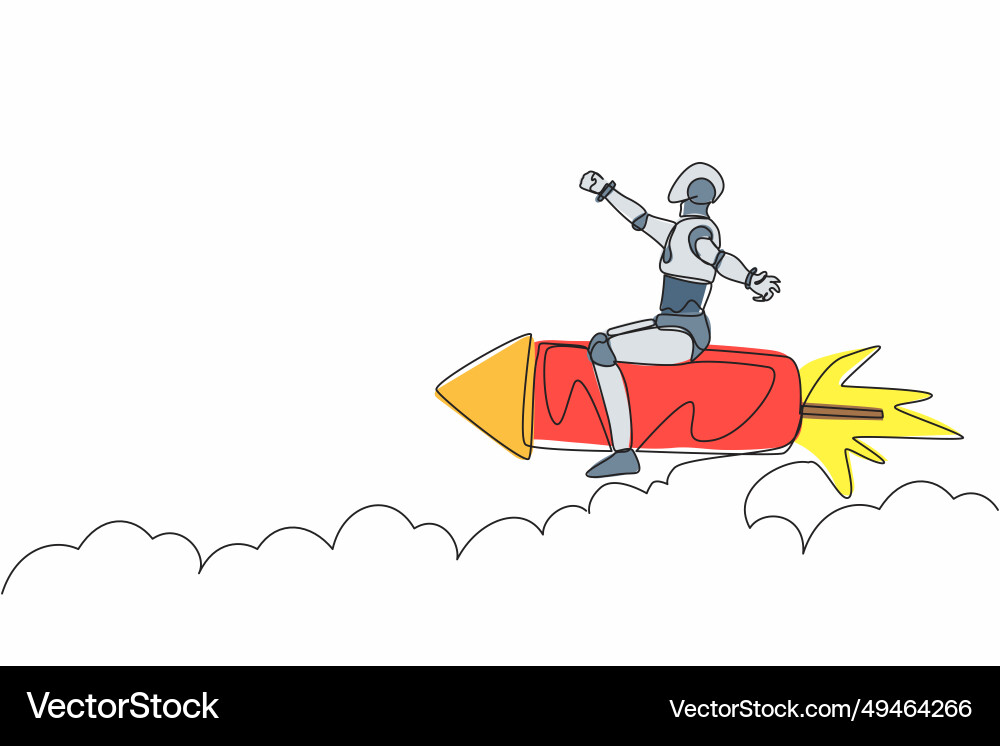 Single one line drawing robot flying high riding Vector Image