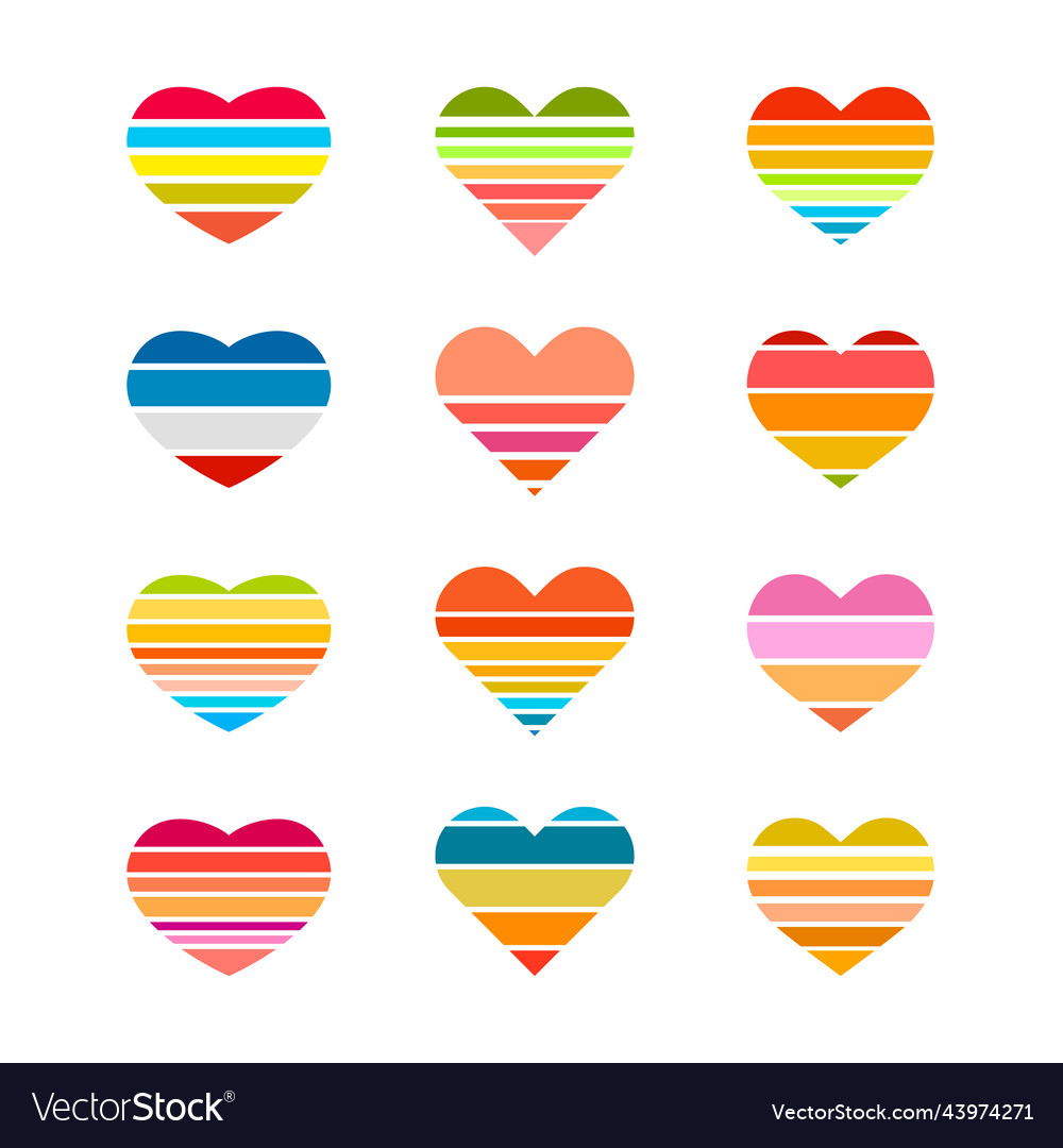 A set of striped colored rainbow hearts Royalty Free Vector