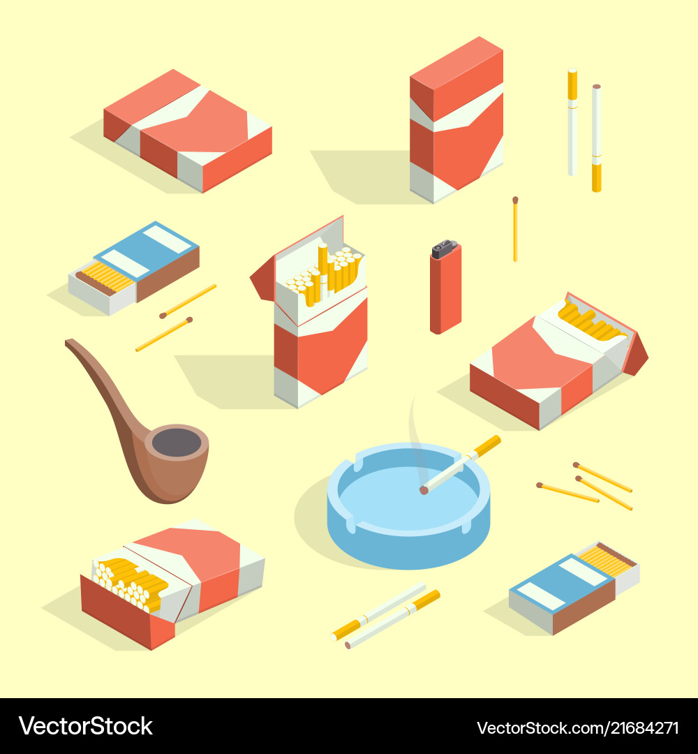 Cigarettes accessories smokers signs 3d icon set Vector Image