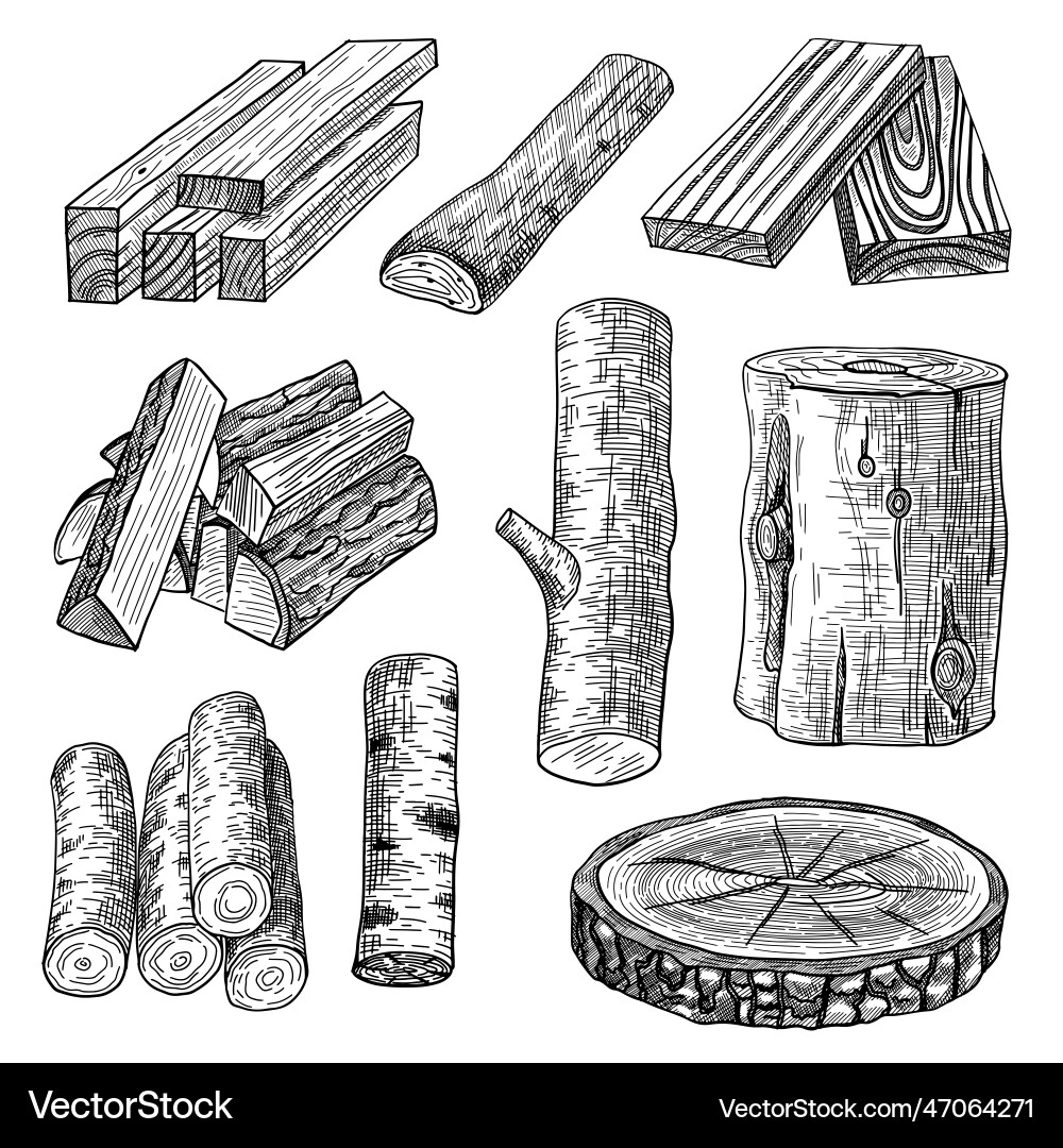 Cut logs firewood and planks engraved Royalty Free Vector