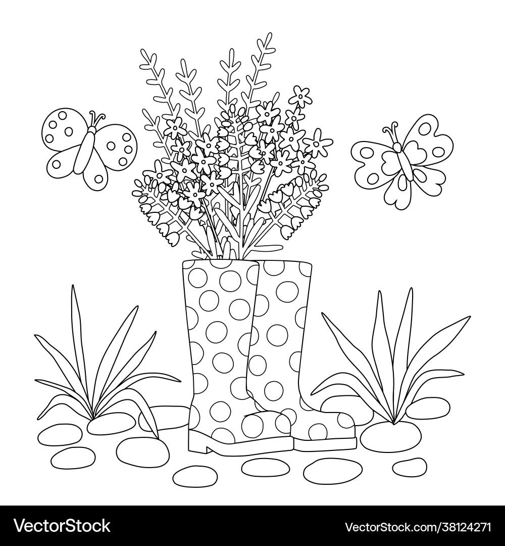 Cute coloring book with a spring bouquet in boots Vector Image