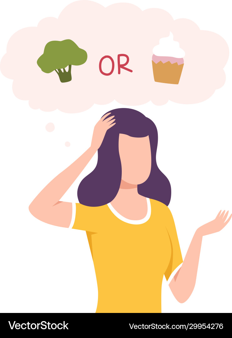 Girl trying to make decision broccoli or cupcake Vector Image