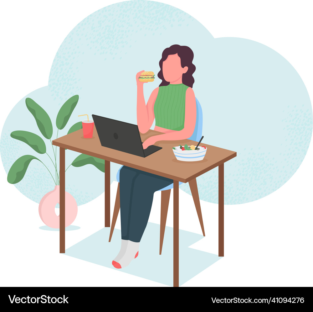 Woman eating at computer desk flat color faceless Vector Image