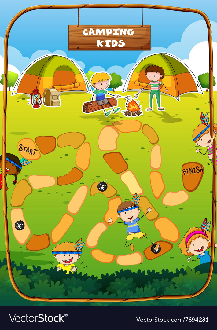 Boardgame template with camping theme Royalty Free Vector