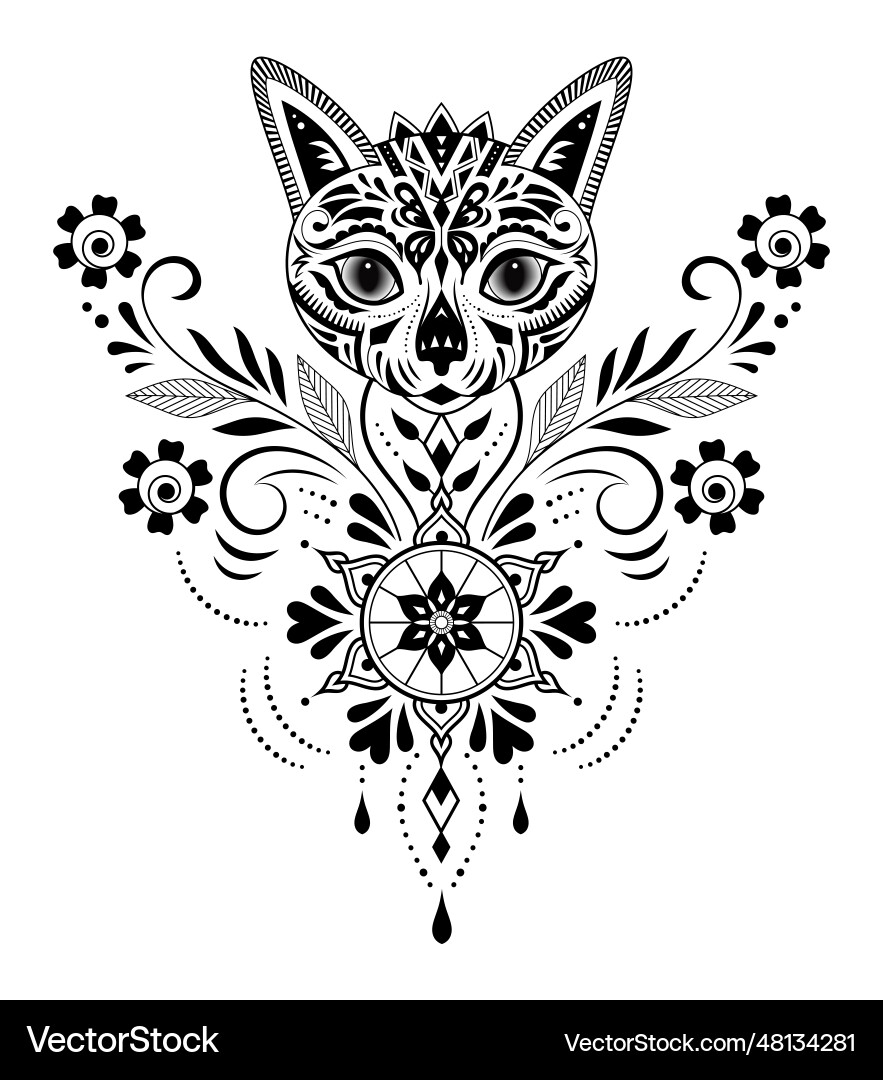 Cat mehendi and flowers hand drawn Royalty Free Vector Image