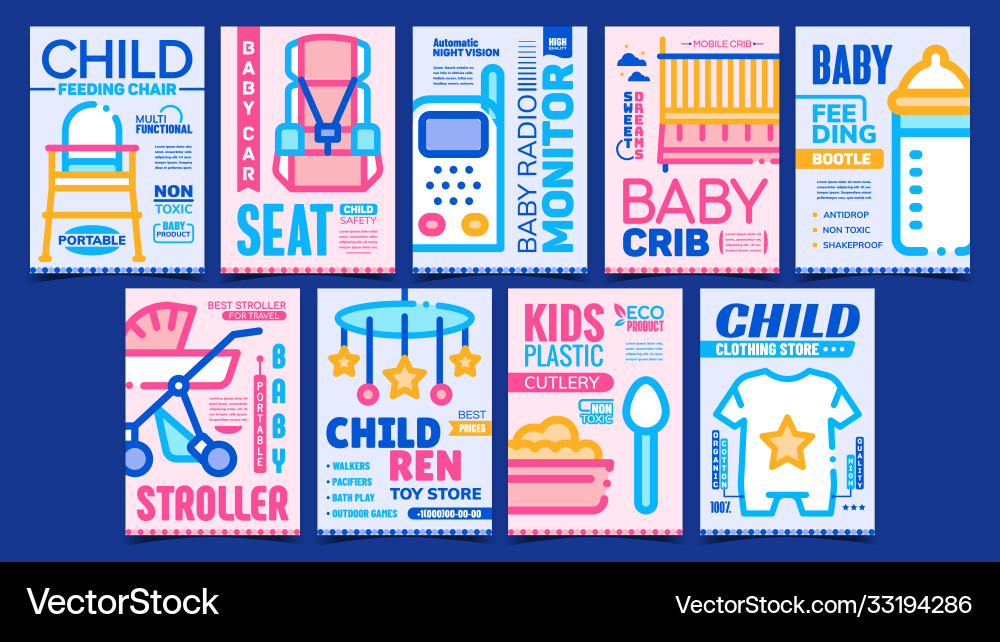 Baby accessories advertising posters set Vector Image