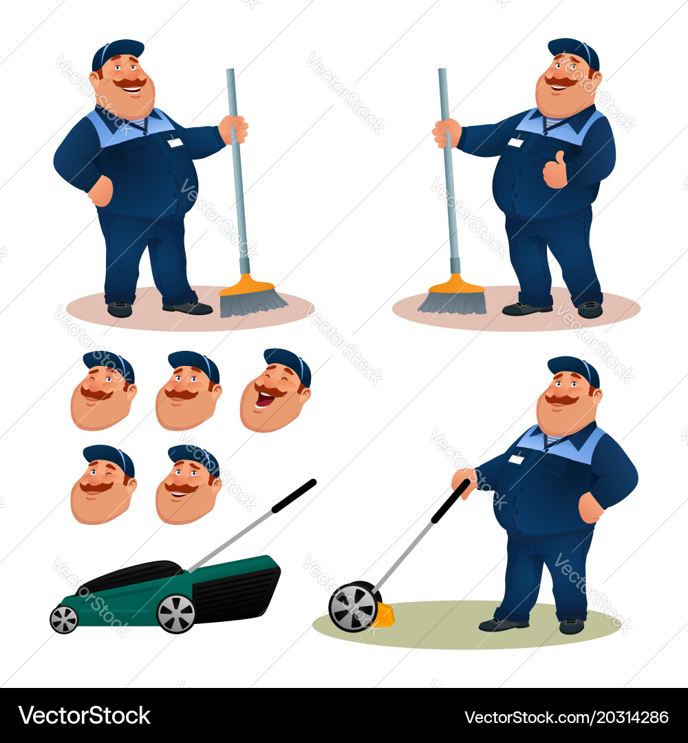 Funny cartoon janitor set with emotions Royalty Free Vector