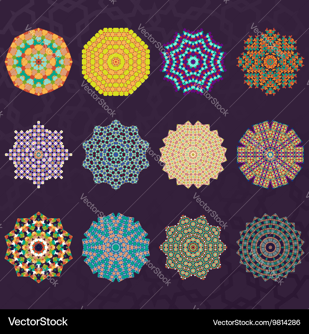 Set twelve round geometric mandala kaleidoscope Vector Image
