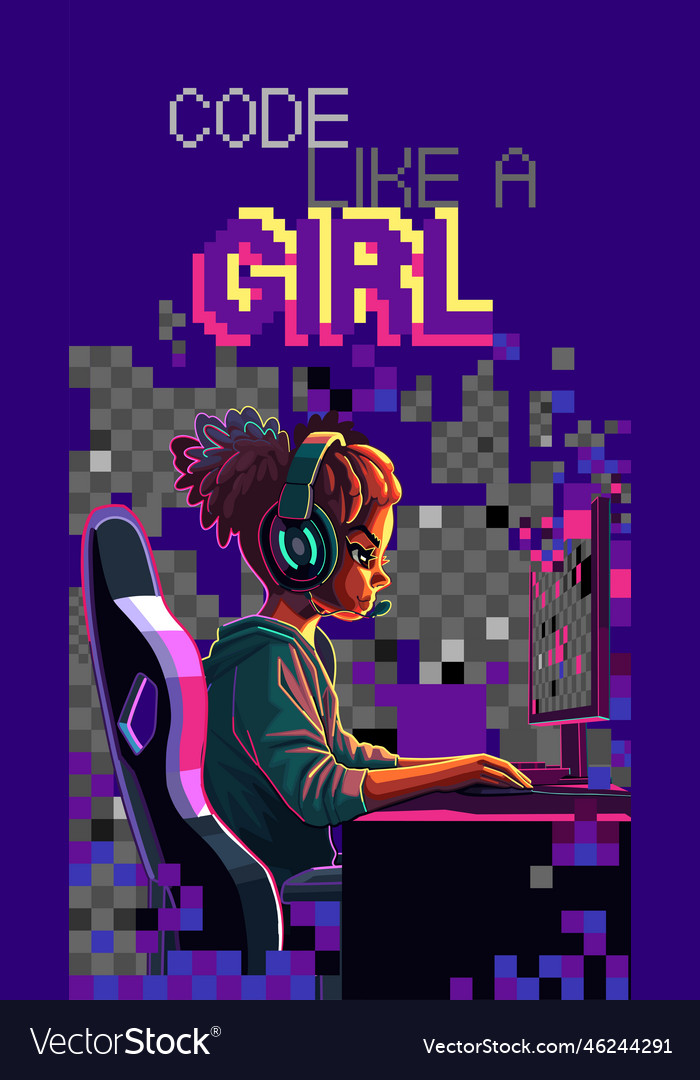 African girl programmer with a headset sits Vector Image