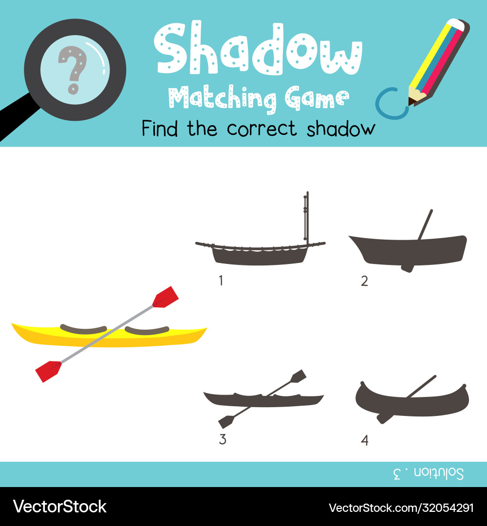 Shadow matching game kayak cartoon character side Vector Image