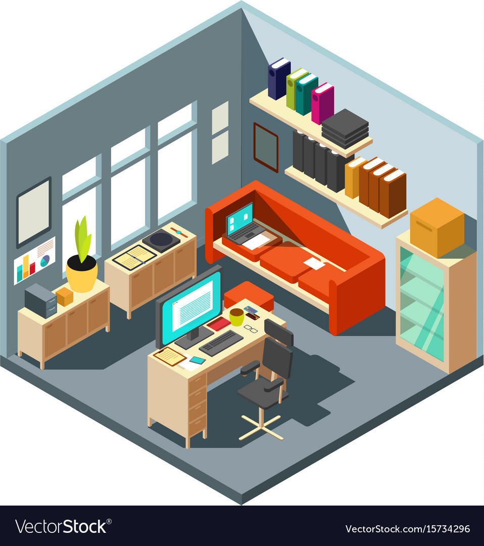 Isometric home office interior 3d workspace with Vector Image Isometric home office interior 3d workspace with Vector Image