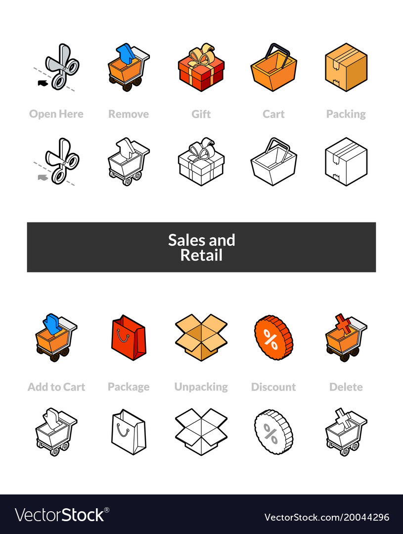 Set of isometric icons in outline style colored Vector Image