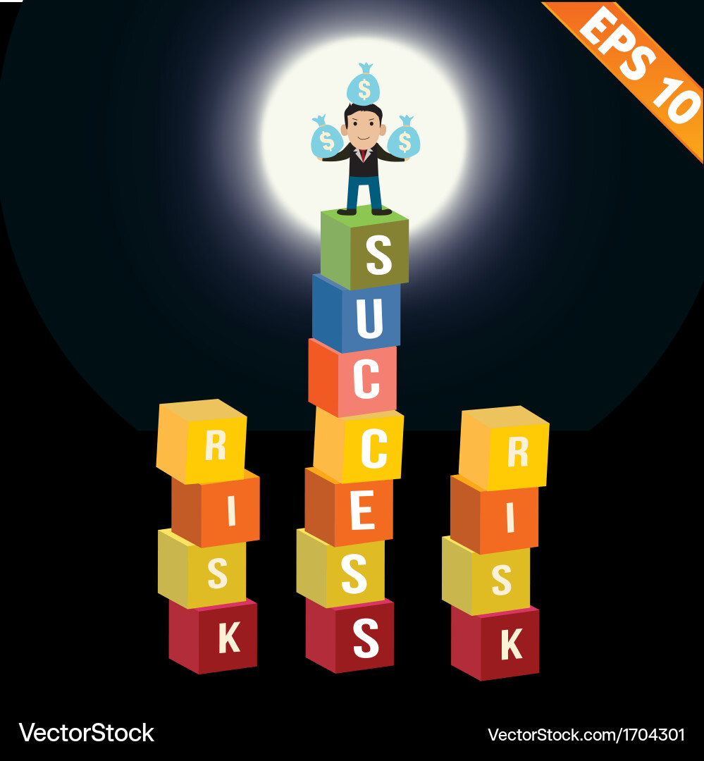 Cartoon businessman stand on risk block Royalty Free Vector