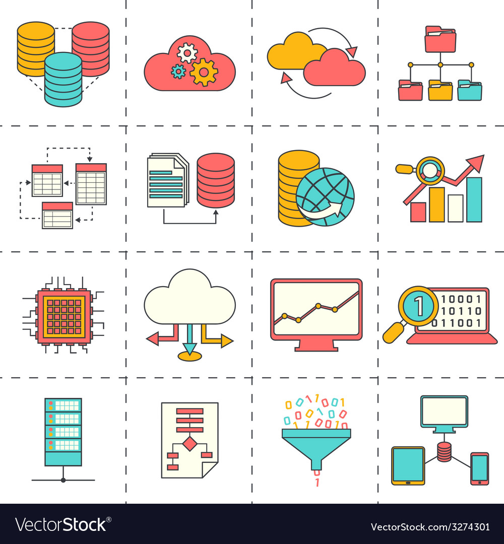 Data analysis flat line icons Royalty Free Vector Image
