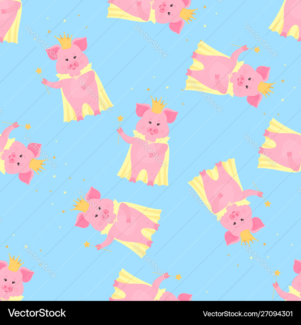Pig in a crown and cape with a magic wand hand Vector Image
