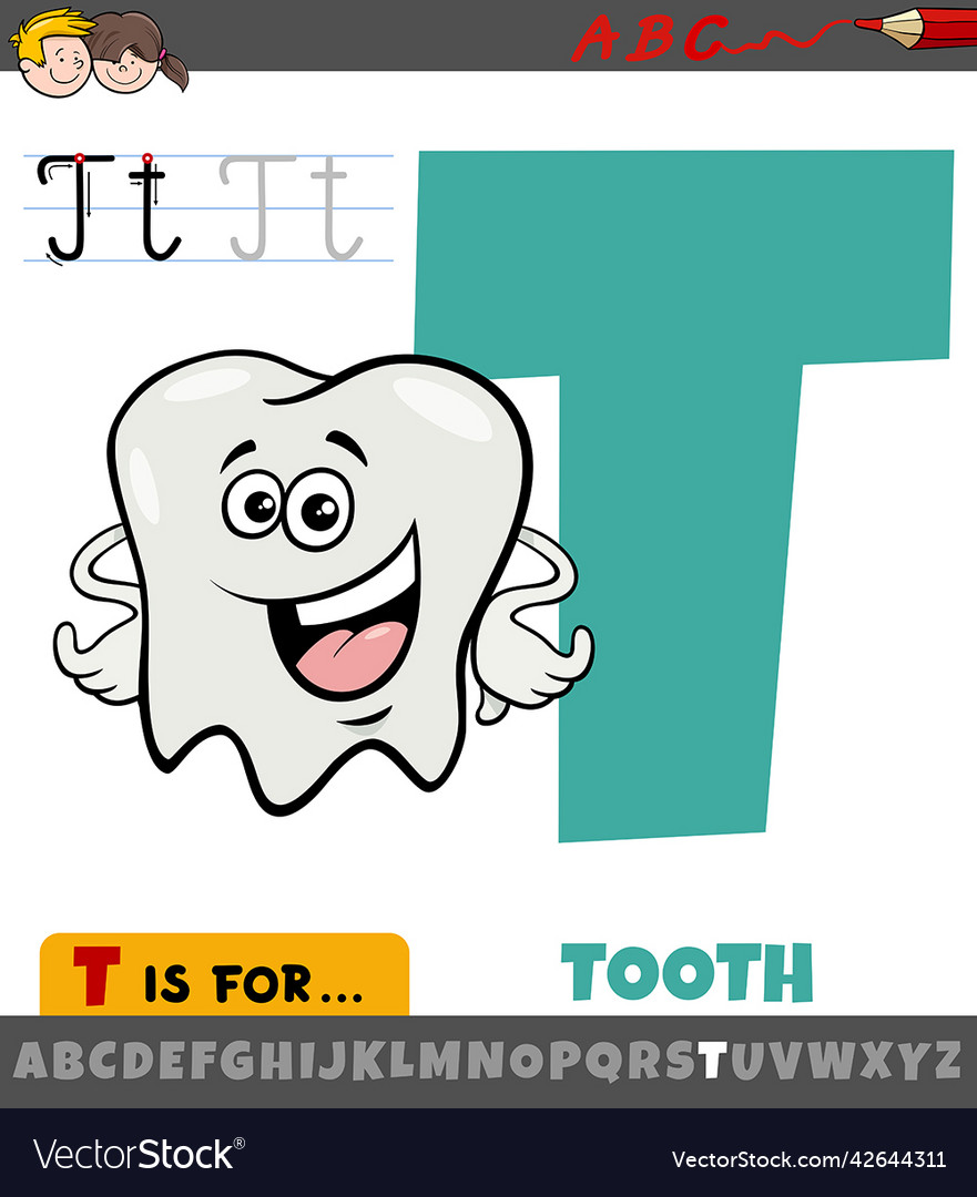 Letter t from alphabet with cartoon tooth Vector Image