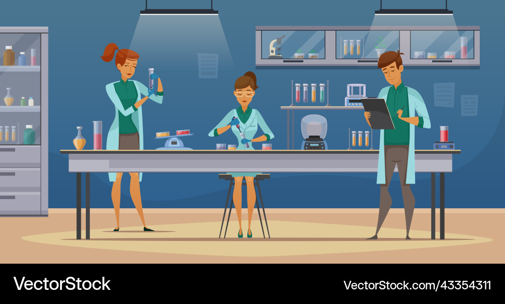 Scientists in lab retro cartoon poster Royalty Free Vector