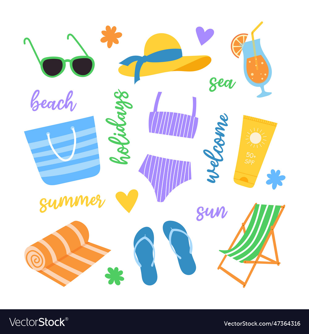 Cartoon summer beach set Royalty Free Vector Image Cartoon summer beach set Royalty Free Vector Image