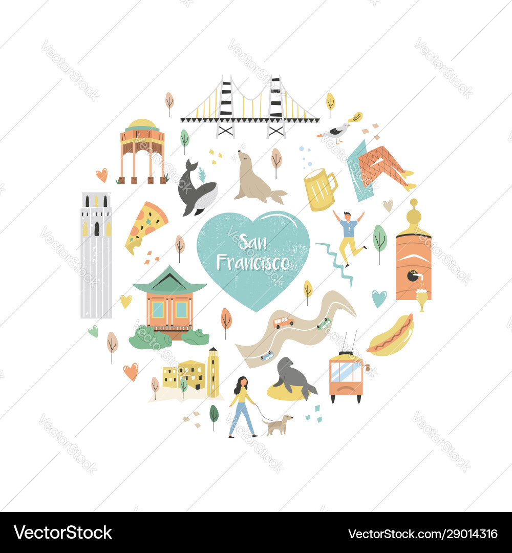 San francisco hand drawn flat with symbols Vector Image