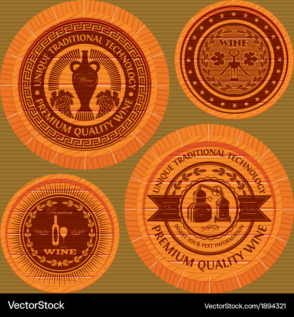 Set of labels with wine on wooden casks Royalty Free Vector