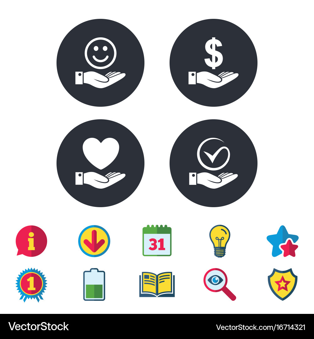 Smile and hand icon heart tick symbol Royalty Free Vector