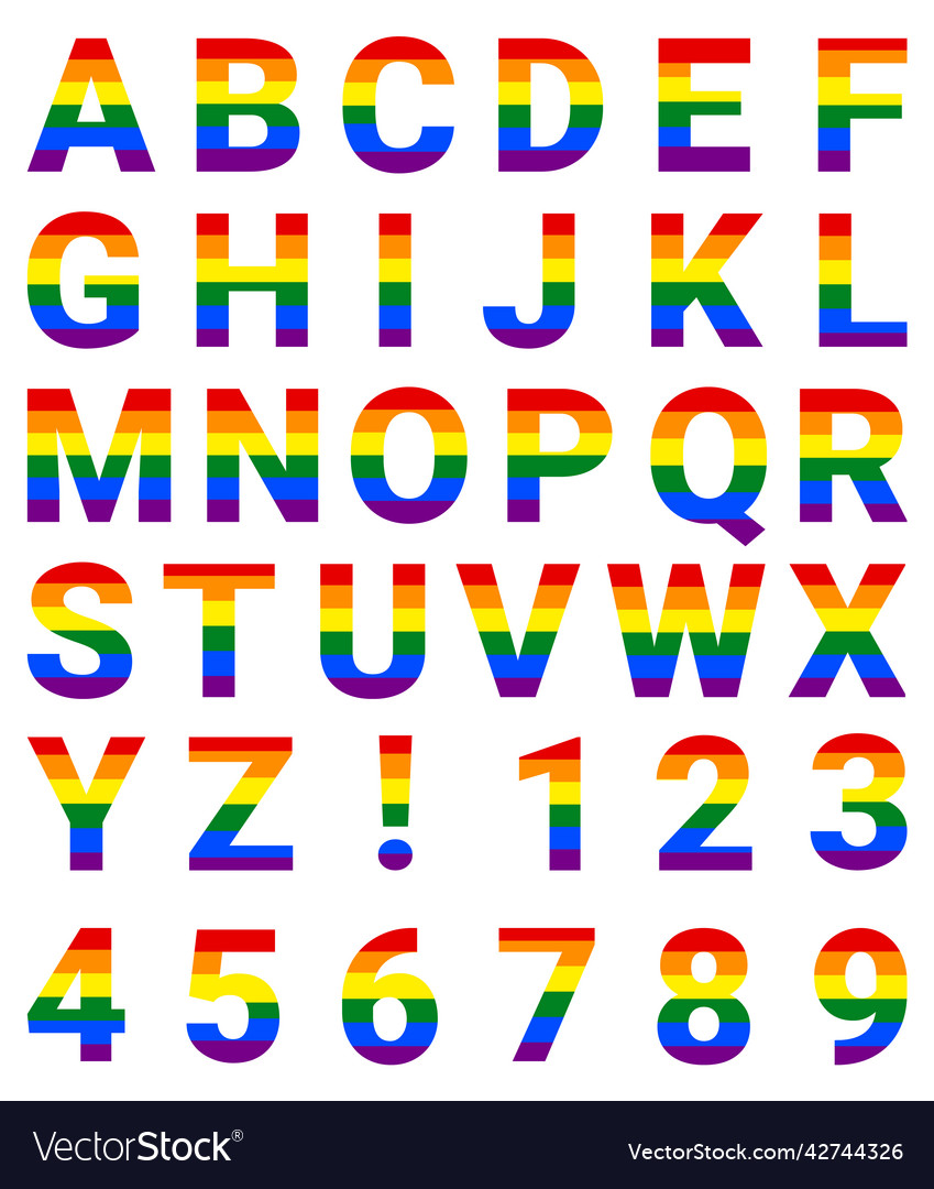 Pride flag colors alphabet and numbers Royalty Free Vector