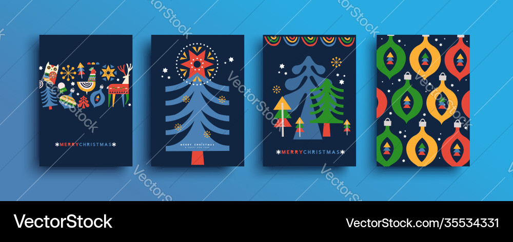 Merry christmas folk pine tree cartoon card set Vector Image