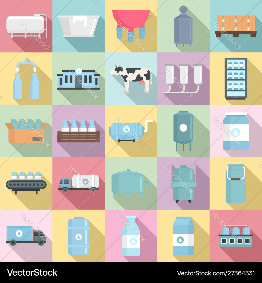Milk factory icons set flat style Royalty Free Vector Image