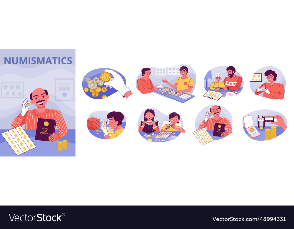 Numismatics coin flat compositions Royalty Free Vector Image