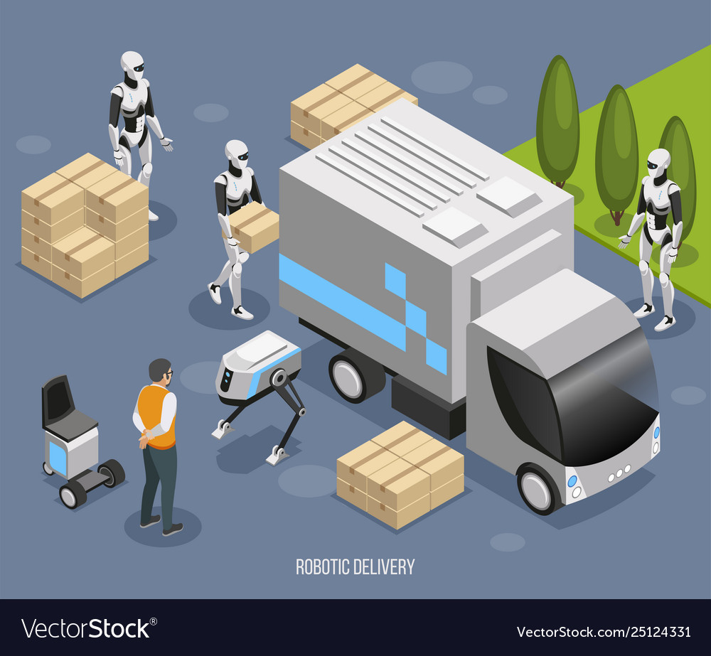 Robot delivery isometric composition Royalty Free Vector