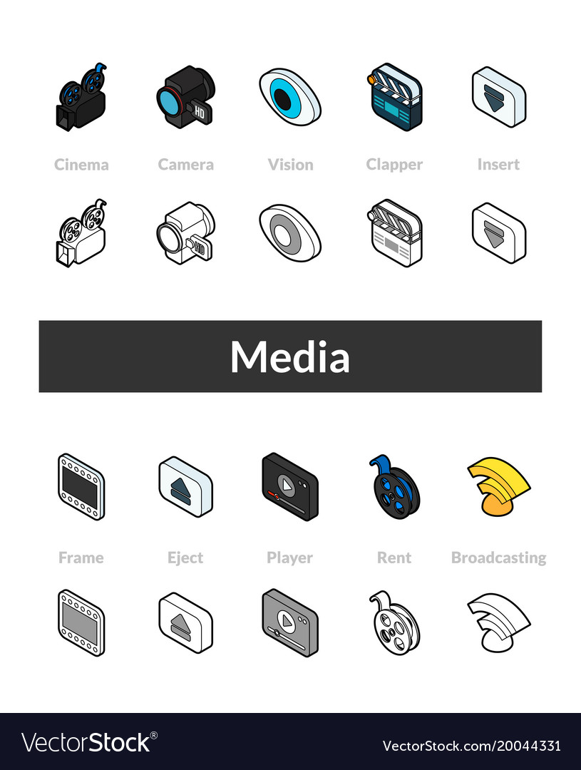 Set of isometric icons in outline style colored Vector Image